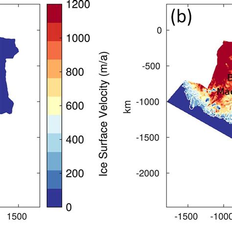 Modelled Ross Ice Shelf Surface Velocities A And Ice Thickness B