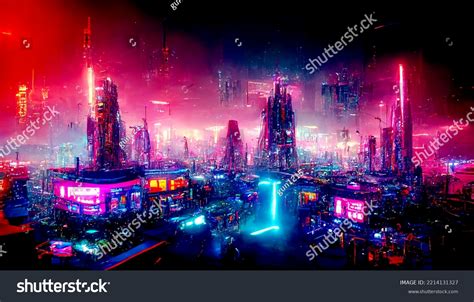 Futuristic Cyberpunk City Full Neon Lights Stock Illustration