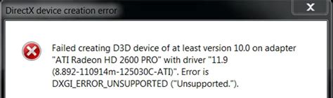 directx device creation error failed creating d3d device