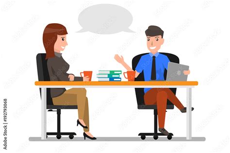 Business Man And Woman Talking Discussing Businesspeople Chat Sitting
