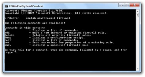 windows shell cmd show firewall rules code example
