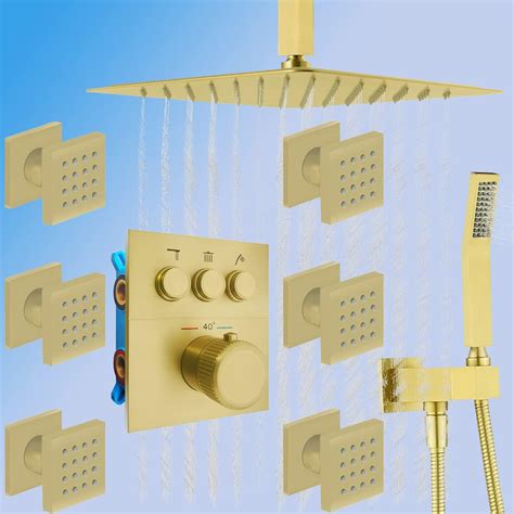 Brushed Gold Thermostatic Shower System With Body Spray
