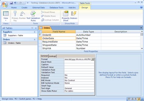 ms access 2007 define a custom format for a date time