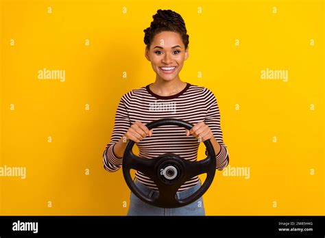 Portrait Of Pretty Positive Girl Arms Hold Wheel Toothy Smile Isolated
