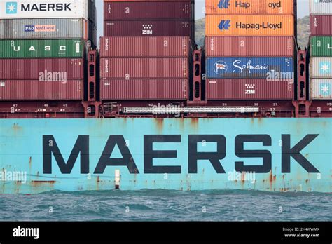 Maersk Container Ship Close Up View With Hull And Containers On Deck