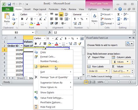 ms excel 2010 how to refresh a pivot table