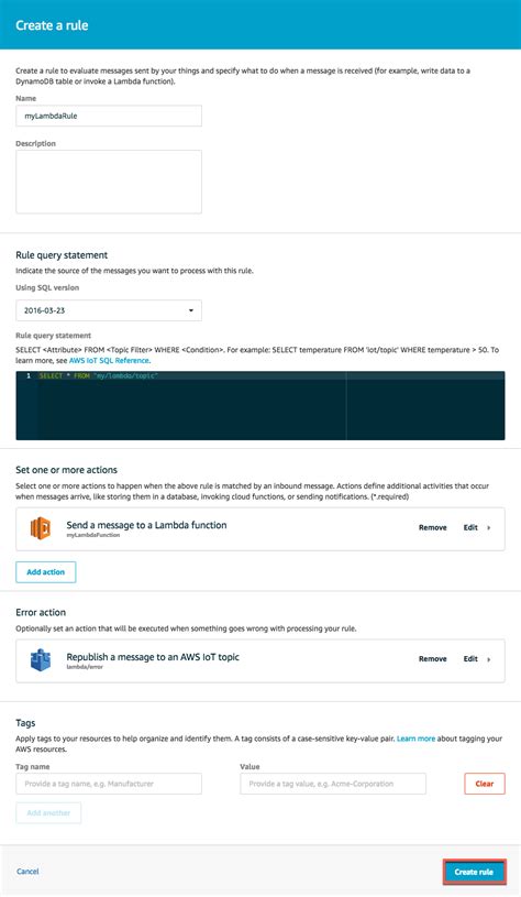 creating a rule with a aws lambda action aws iot