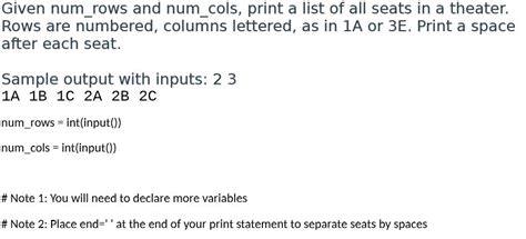 [solved] given num rows and num cols print a list of all seats in a