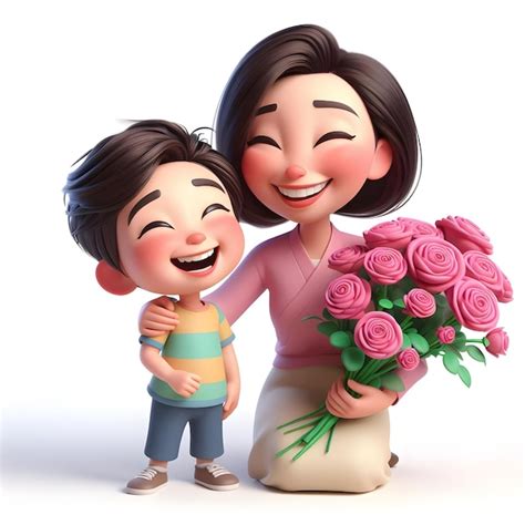 Premium Photo 3d Cartoon Mother And Son Hugging Each Others In