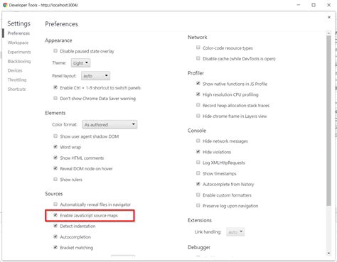 enable chrome source maps setting for debugging source
