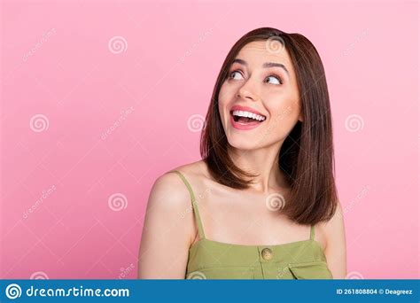 Photo Of Funny Brunette Lady Look Promo Wear Khaki Top Isolated On Pink