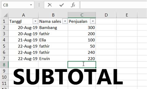 cara menggunakan rumus subtotal excel