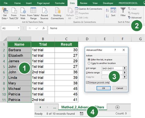 method 2 count using advanced filter professor excel