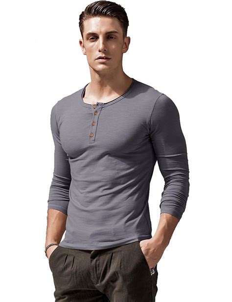 Mens Long Sleeve Button Up Henley Shirts Stretchy Slim Fit Athletic