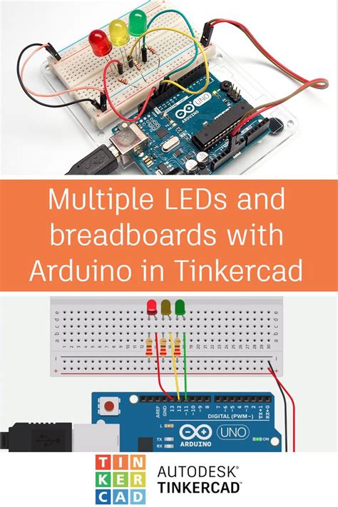 multiple leds and breadboards with arduino in tinkercad
