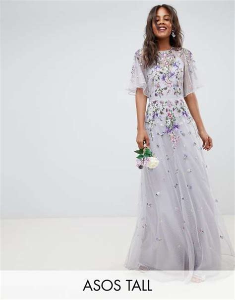 Asos Design Tall Floral Embroidered Dobby Mesh Flutter Sleeve Maxi