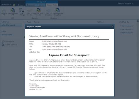 viewing emails from within a sharepoint document library documentation