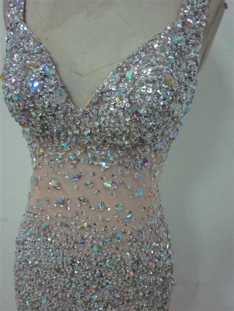 Beaded Sheer Evening Gown Dresses With Swarovski Crystals