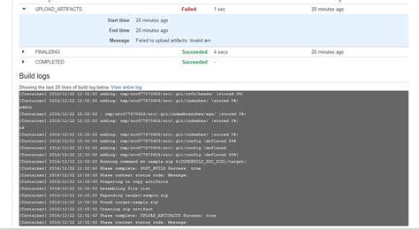 amazon web services code build error failed to upload artifacts