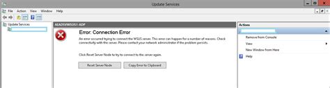 wsus console error unable to connect via the remote api