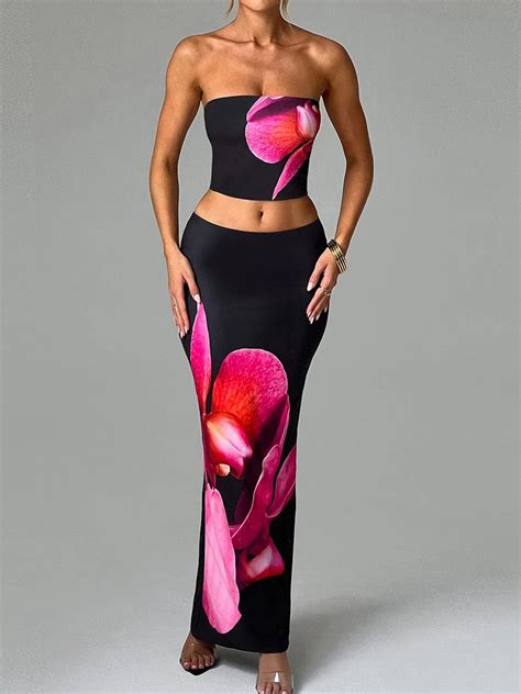 Sexy Women 2 Piece Outfits Floral Print Tube Tops And Elastic Bodycon