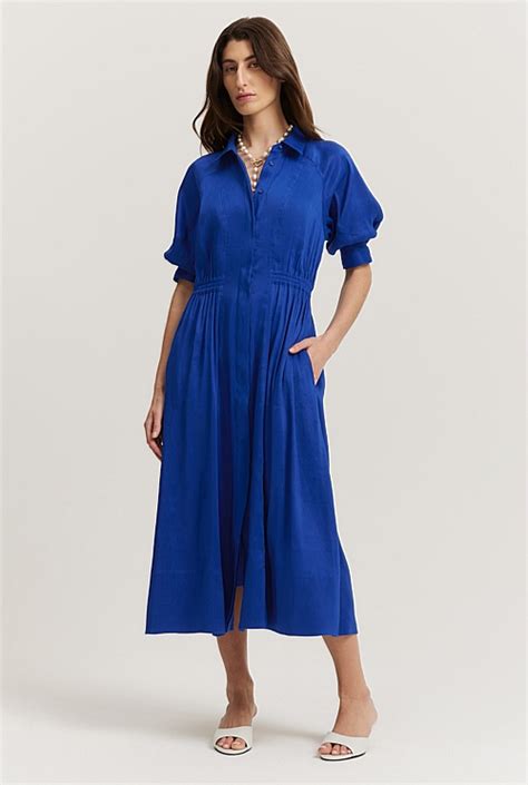 Sapphire Organically Grown Linen Blend Fluid Cinched Shirt Dress