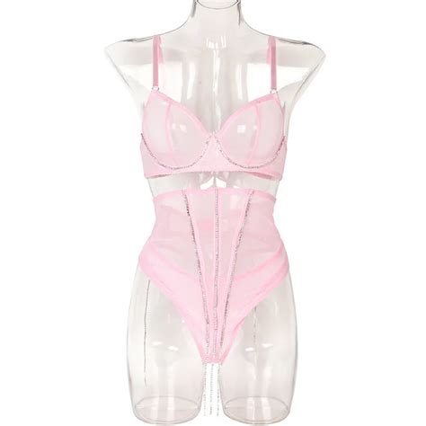 Ellolace Rhinestone Lingerie With Waistband Sheer Lace Sensual