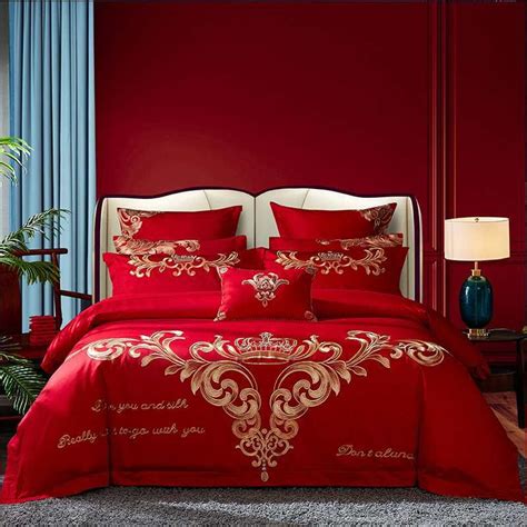 Silkland Royal Red Wedding Embroidered Bedding Set King Queen Boho