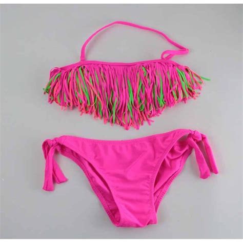 Solid Tassel Biquini Girls Swimwear Summer Bandage Bikini Set 5 12