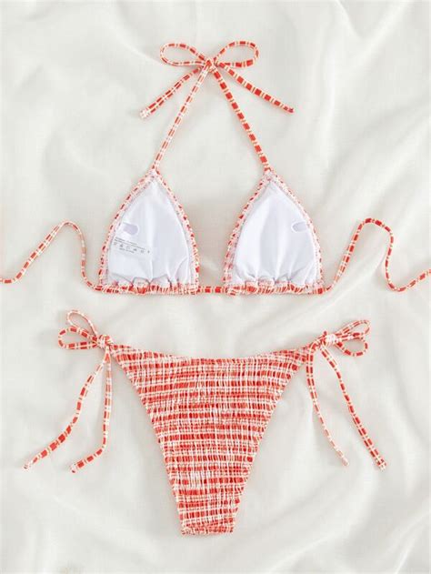 Shein Swim Mod Striped Bikini Set Smocked Triangle Bra And Thong Bottom 2