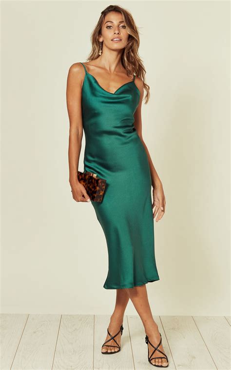 Green Cowl Neck Satin Slip Cami Midi Dress Silkfred Us Womens Satin