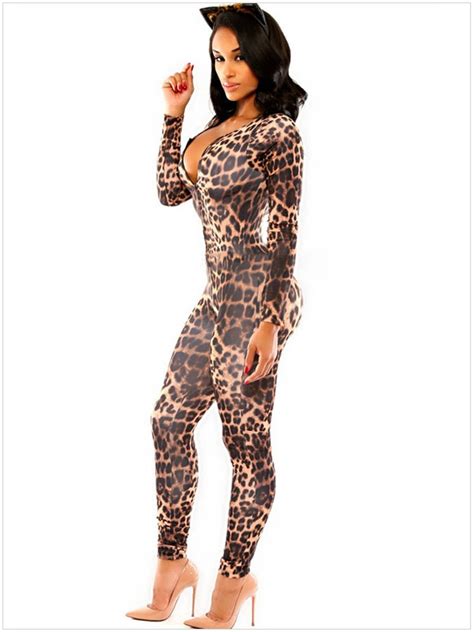 Wild Sexy Women Leopard Print Bodysuit Wetlook Deep V Neck Bodycon