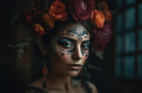 Free Photo Portrait Of A Woman With Sugar Skull Makeup Over Dark