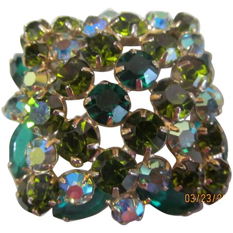 Large Unsigned But Designer Made All Greens Rhinestone Brooch Ruby Lane