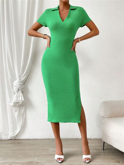 Shein Essnce Solid Split Hem Ribbed Knit Bodycon Dress Shein Usa