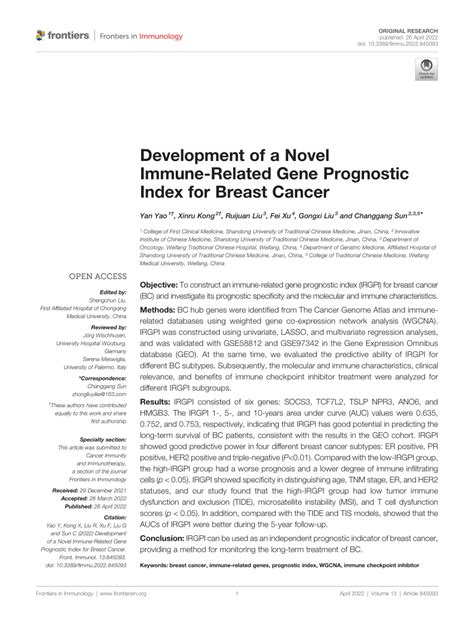 Pdf Development Of A Novel Immune Related Gene Prognostic Index For