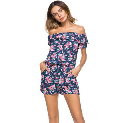 Ruffles Slash Neck Beach Party Playsuits Summer Women Print Jumpsuits