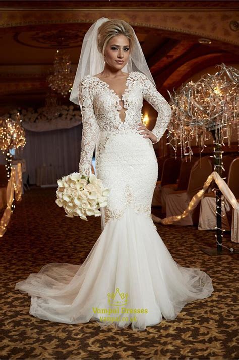 Long Sleeve Deep V Neck Mermaid Lace Bodice Open Back Wedding Dress