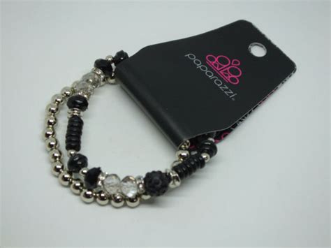 Beautiful Stretch Bracelet Set 2 Silver Tone Black Clear Beads Rhinest
