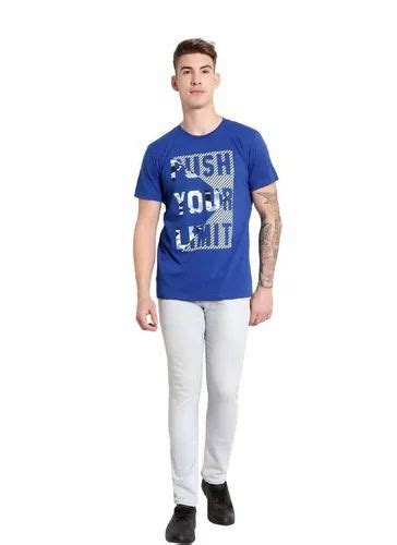 Poly Cotton Mens Blue Round Neck Printed T Shirt At Rs 200 Piece In
