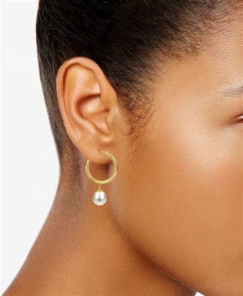 Macys Cultured Freshwater Pearl 8mm Dangle Medium Hoop Earrings In