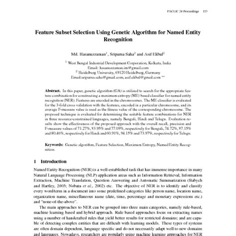 Feature Subset Selection Using Genetic Algorithm For Named Entity