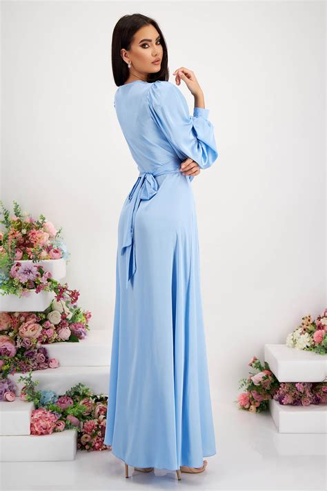 Starshiners Blue Dress From Satin Long Wrap Around With Puffed