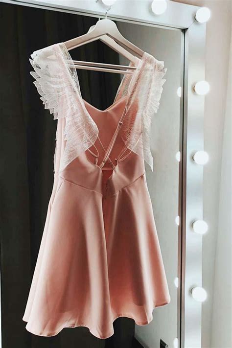 A Line Spaghetti Straps Short Pink Satin Homecoming Dress With Lace