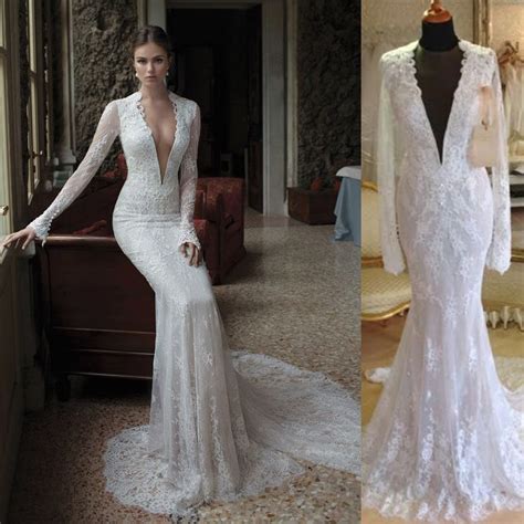 Berta Lace Wedding Dresses Mermaid Real Photos Deep V Neck Long Sleeve