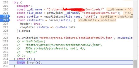 javascript reading csv file throws error fs readfilesync is not a