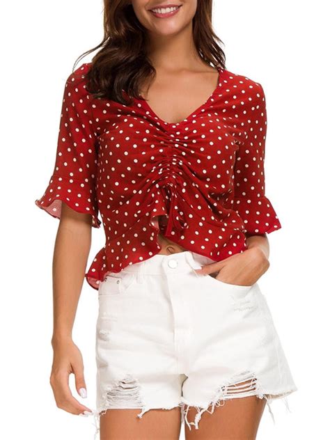 Frill Stretchy Polka Dot Short Sleeve Womens Blouse Fashion Blouses