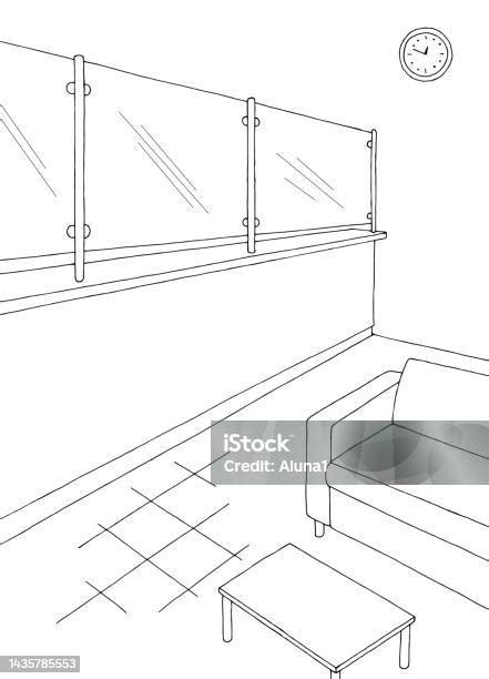 Bank Interior Grafis Hitam Putih Sketsa Vektor Ilustrasi Vertikal