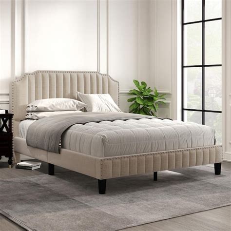 Harper And Bright Designs Beige Modern Wood Frame Queen Size Linen Curved