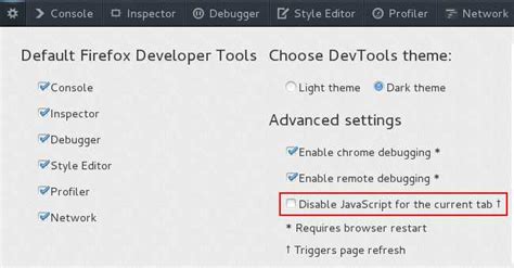 disable javascript option now available in firefox developer tools